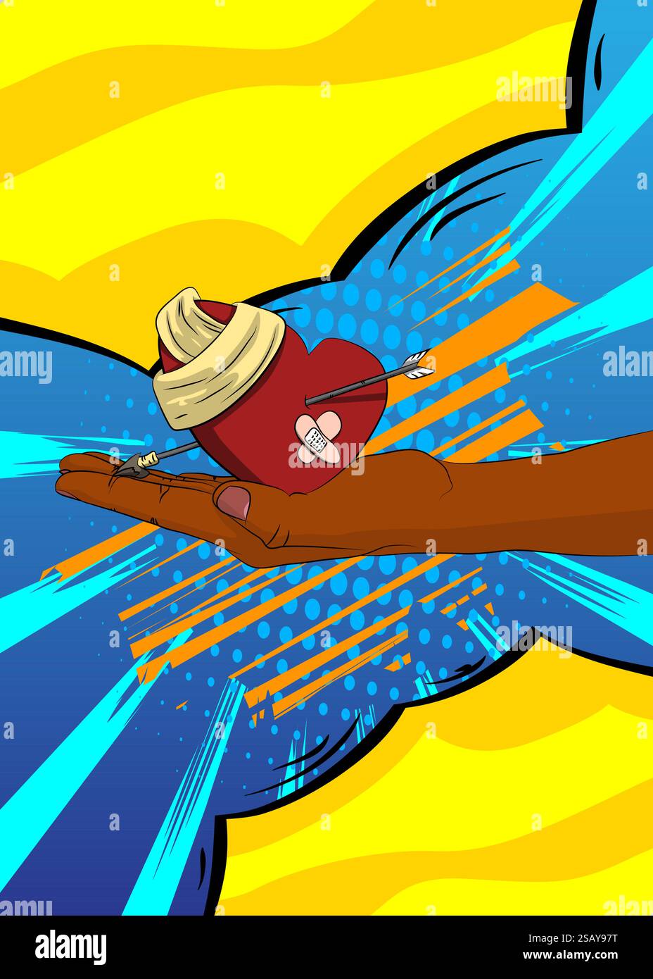 Cartoon, comic book human hands holding Broken Heart. Retro vector ...