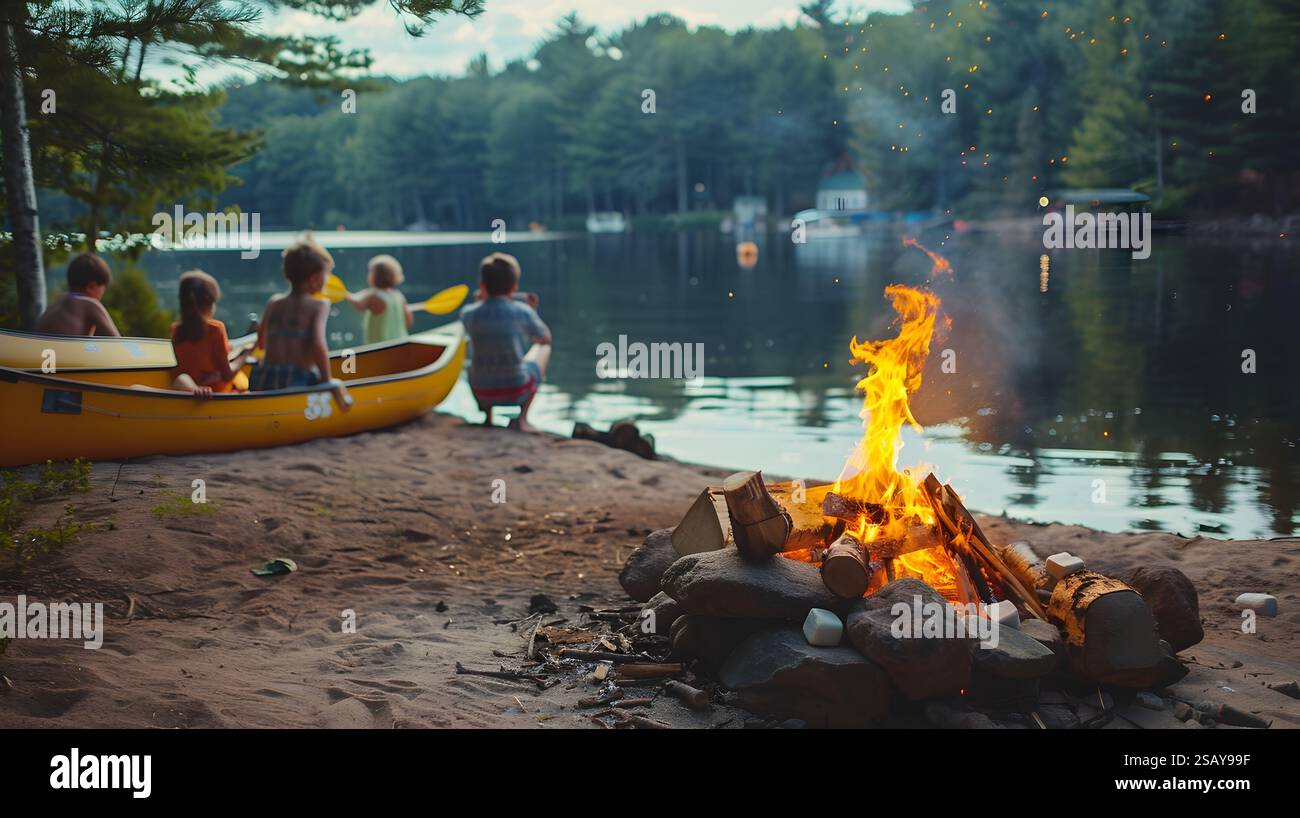 This image captures a peaceful and nostalgic summer camp scene A group ...