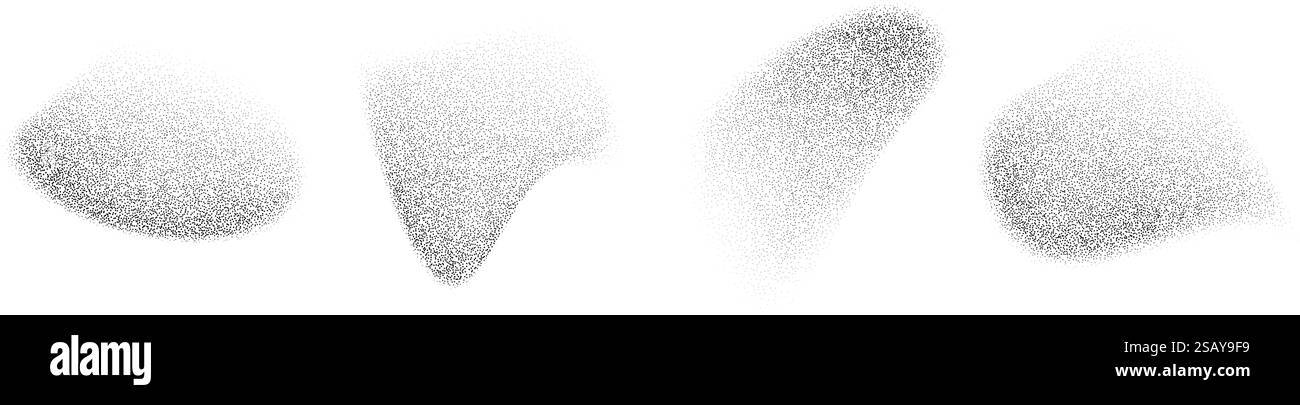 Liquid fading dotted gradient shapes. Black stippled object set. Grainy ...