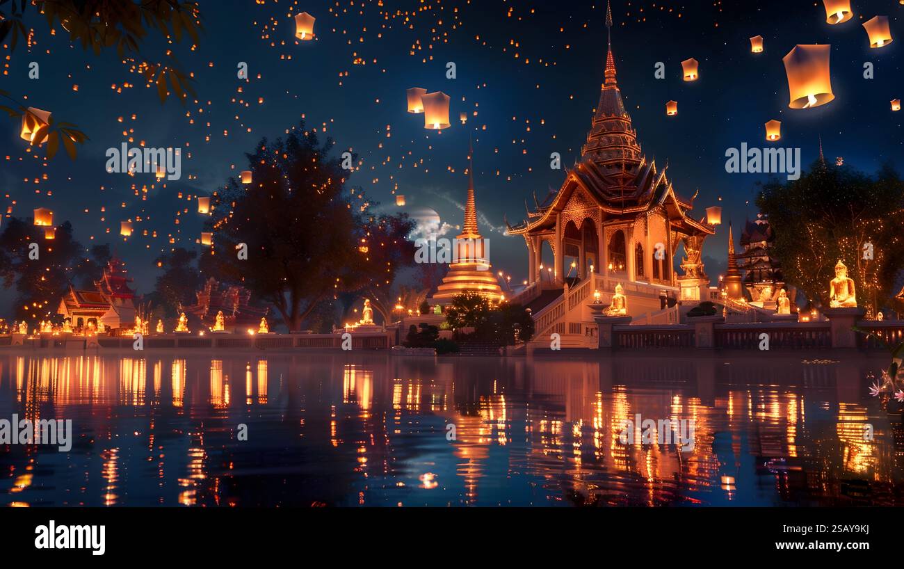 This captivating image depicts a serene Buddhist temple scene during ...