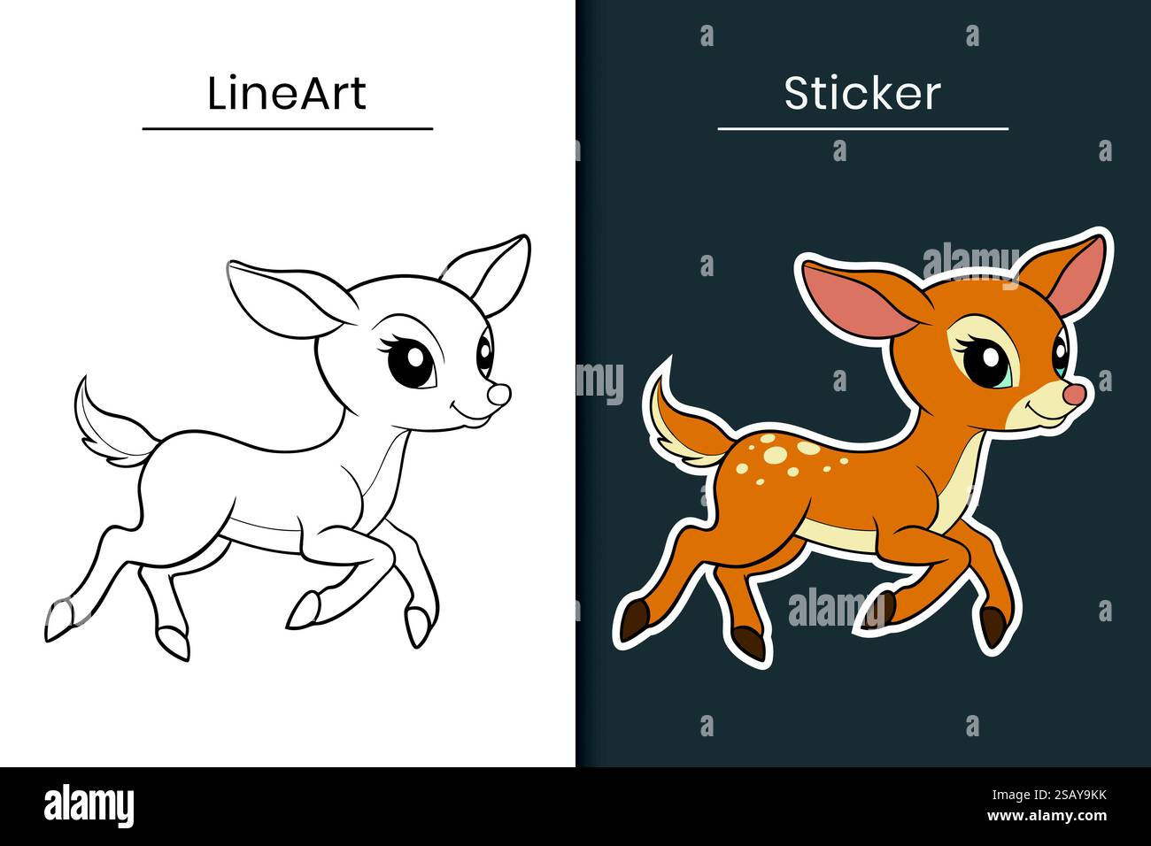 Cute cartoon baby deer vector outline and sticker Stock Vector Image ...