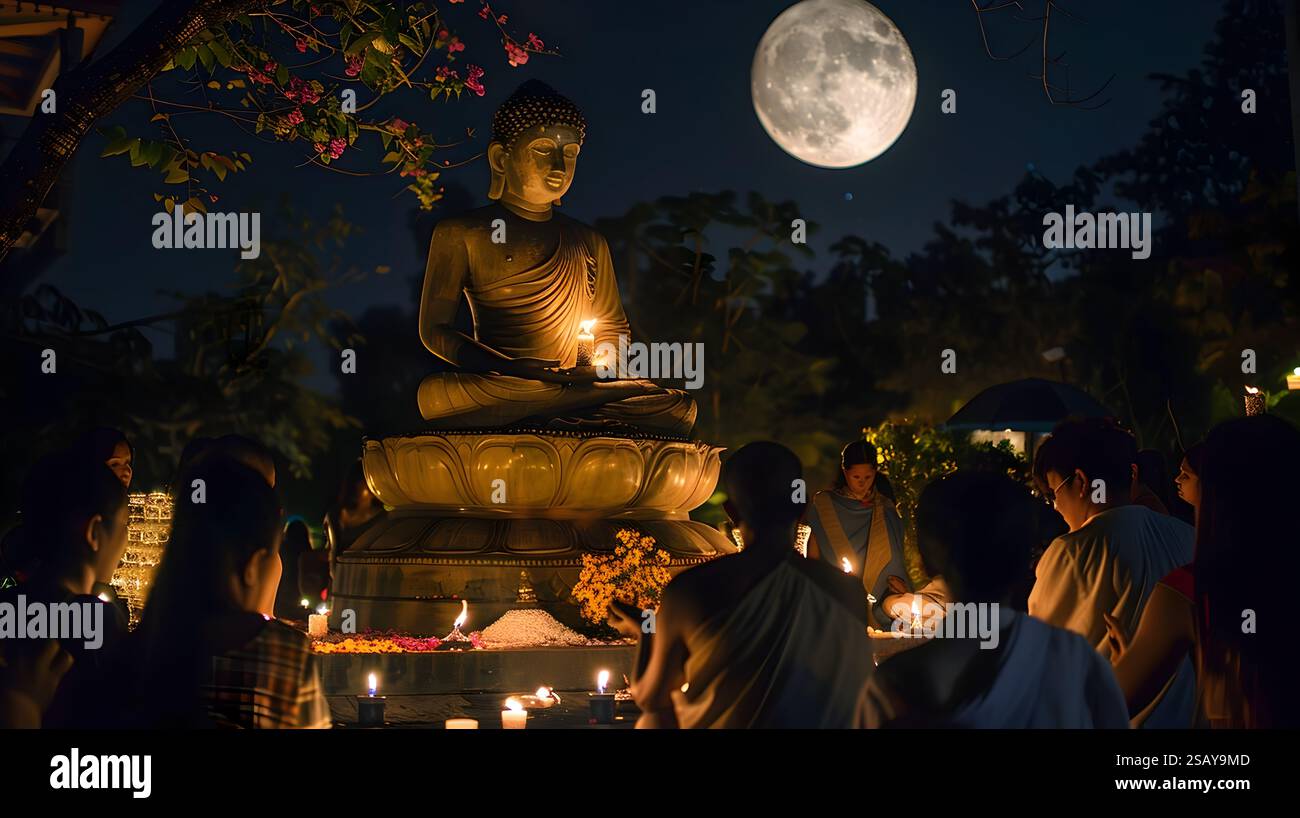 This image depicts a serene and captivating scene of devotees lighting ...