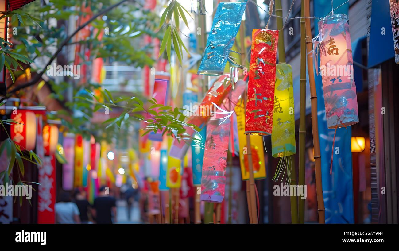 This image showcases a vibrant street scene during the Tanabata ...
