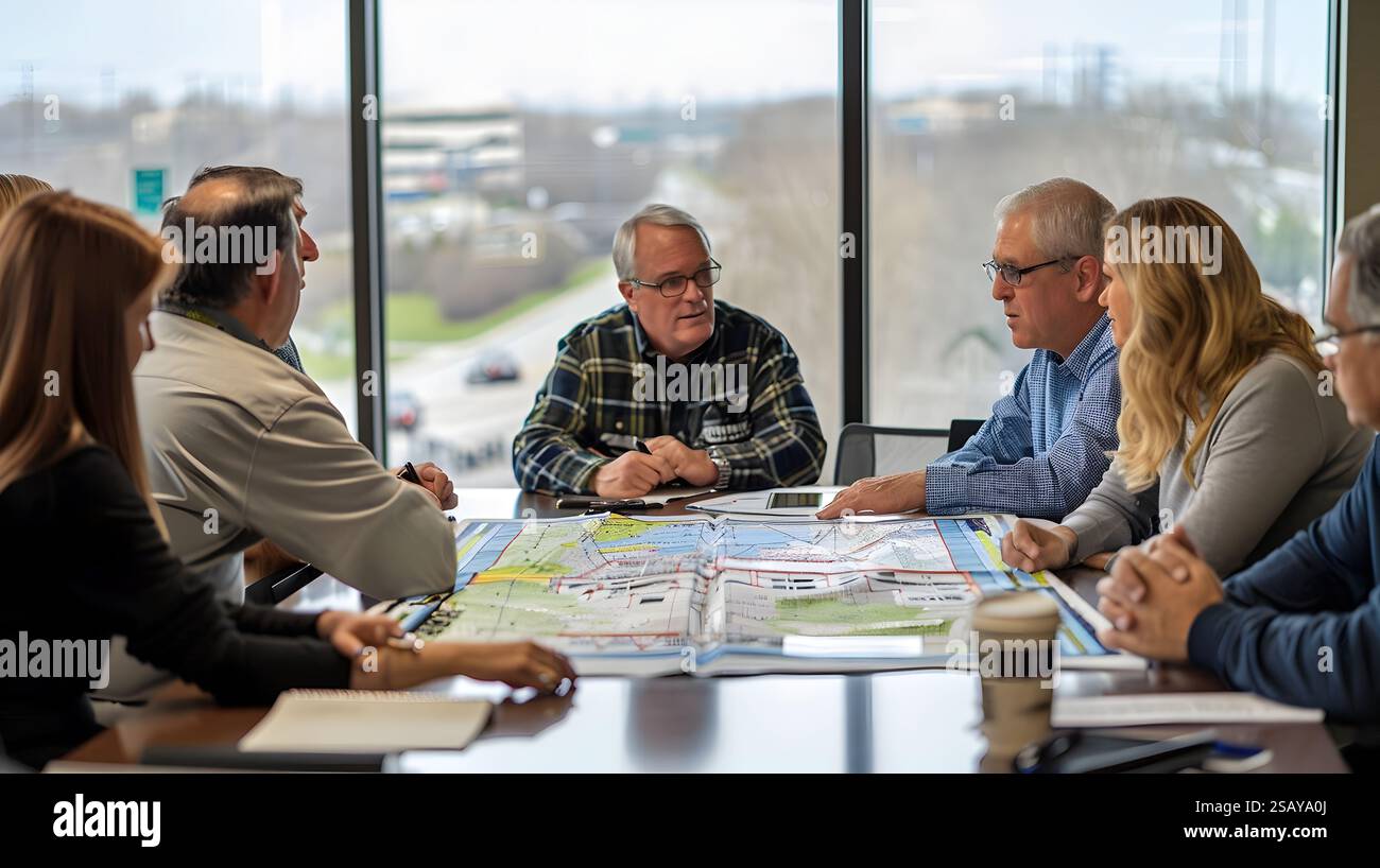 A group of business executives and leaders gathered around a conference ...