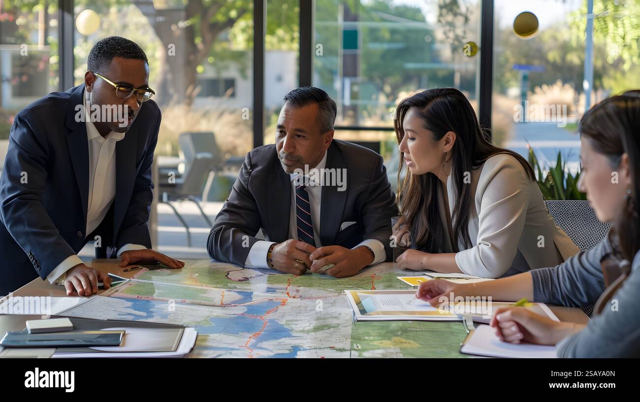 A group of professional business leaders and executives gathered around ...