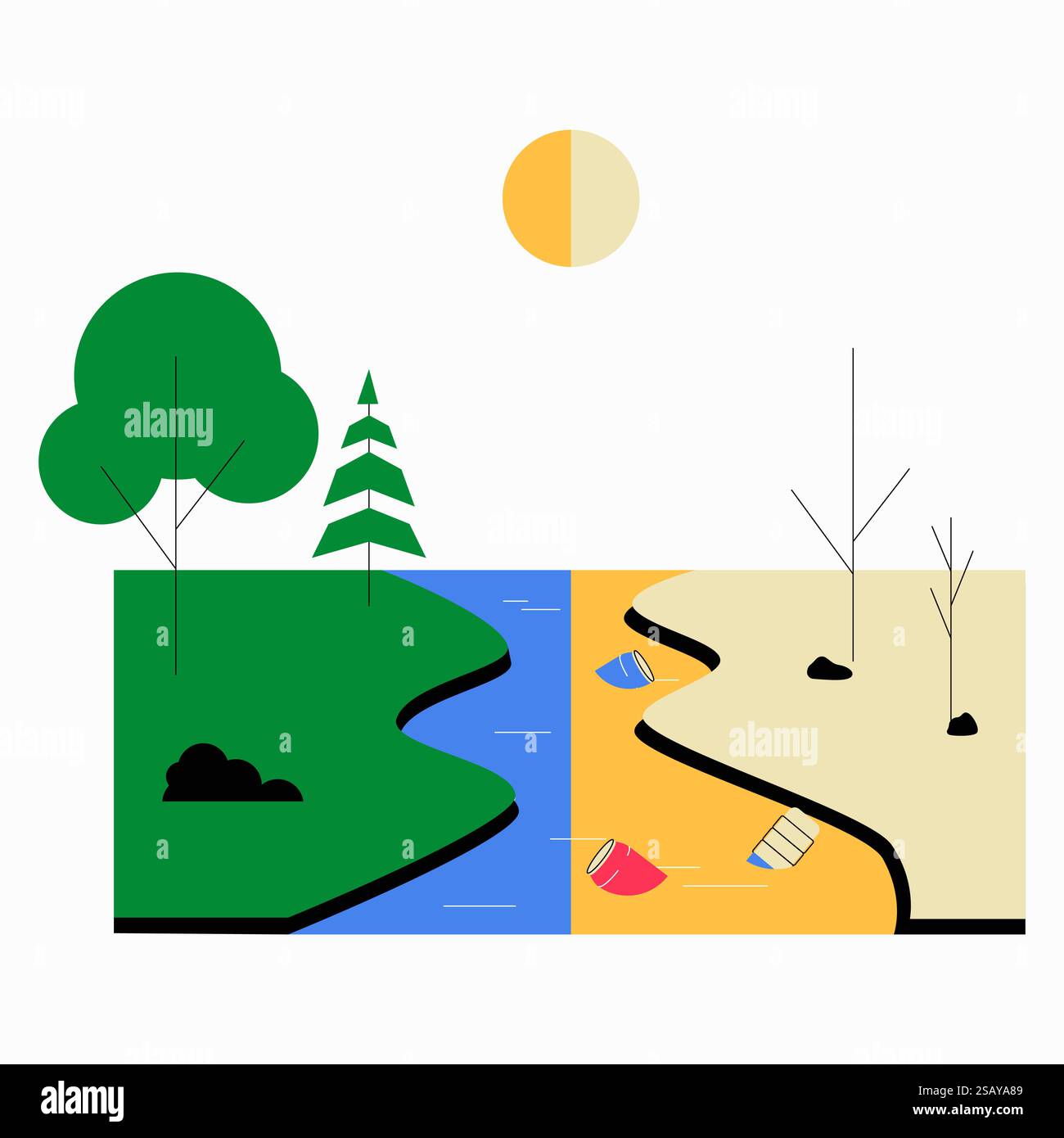 Contrast Between Clean And Polluted Nature In Flat Vector Illustration Symbolizing Environmental ...