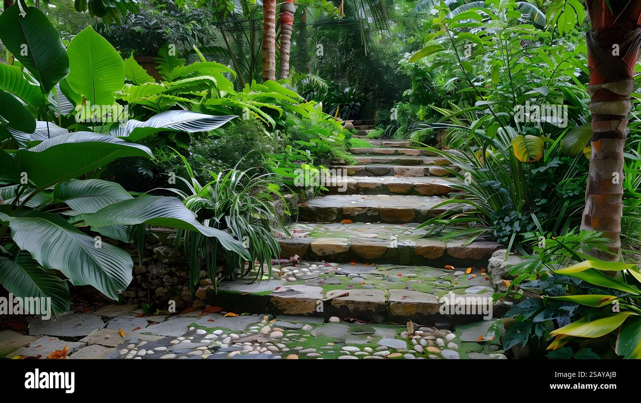 Winding cobblestone steps meander through a verdant,overgrown garden ...