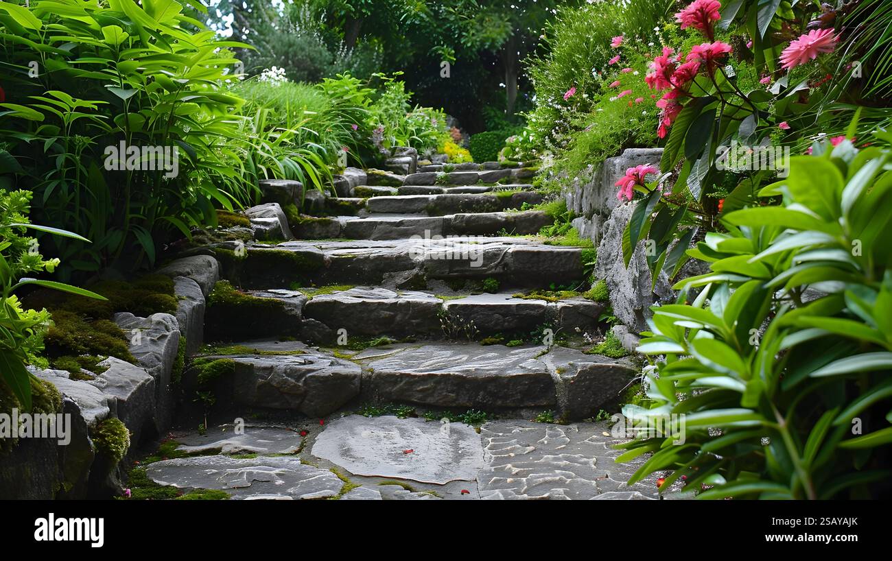 This image depicts a set of old cobblestone stairs winding through a ...