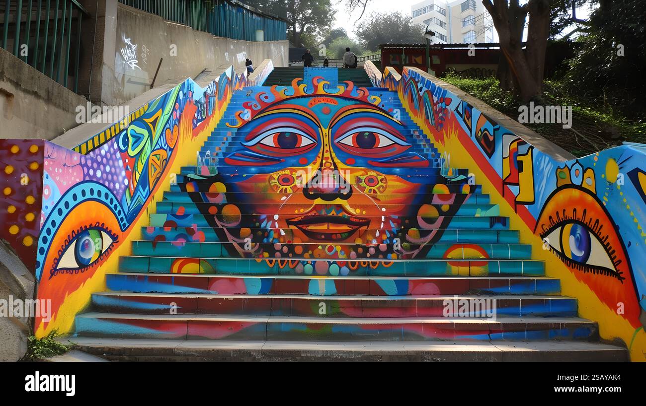 This image depicts a vibrant and captivating outdoor staircase that has been transformed into a ...