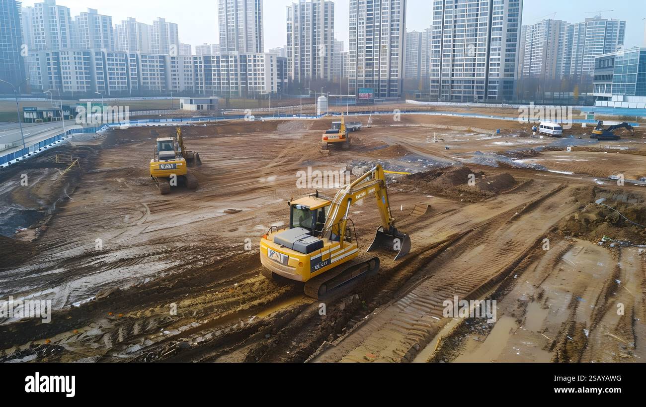 The image depicts a futuristic construction site teeming with ...