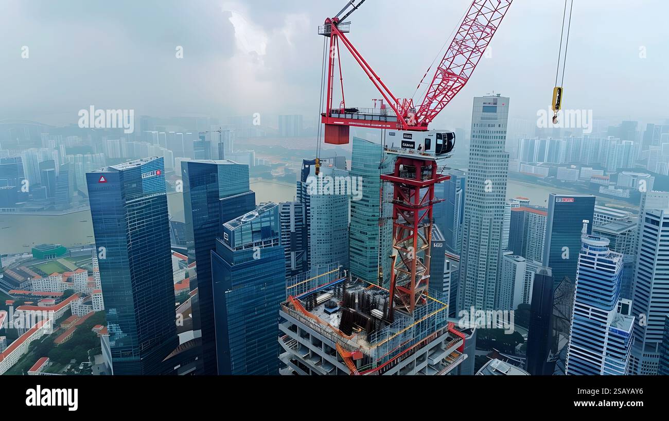 This image captures an aerial view of an autonomous crane operating at ...