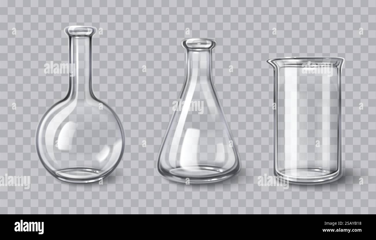Chemistry laboratory glassware set of 3d transparent vessels - rounded spherical flask, conical ...