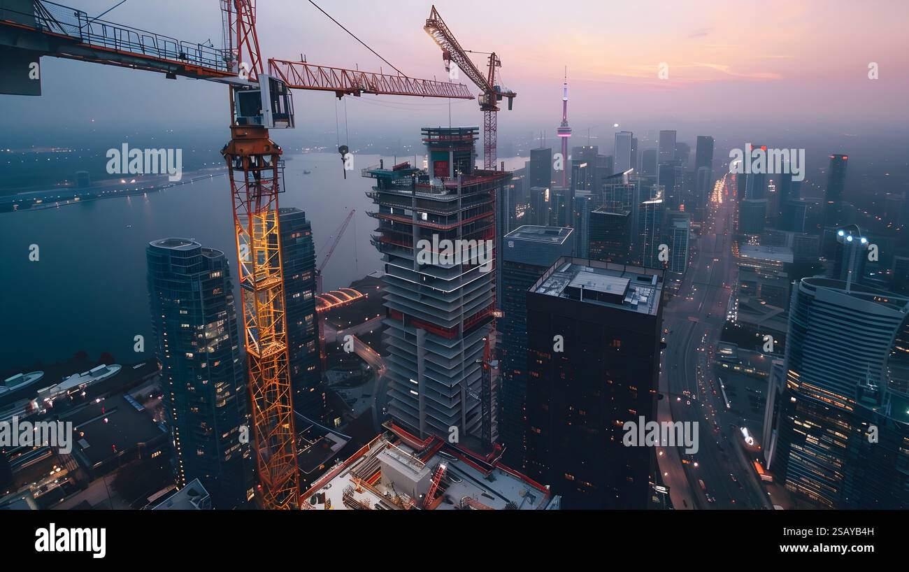 Aerial shot showcasing an autonomous crane operating at the top of a ...