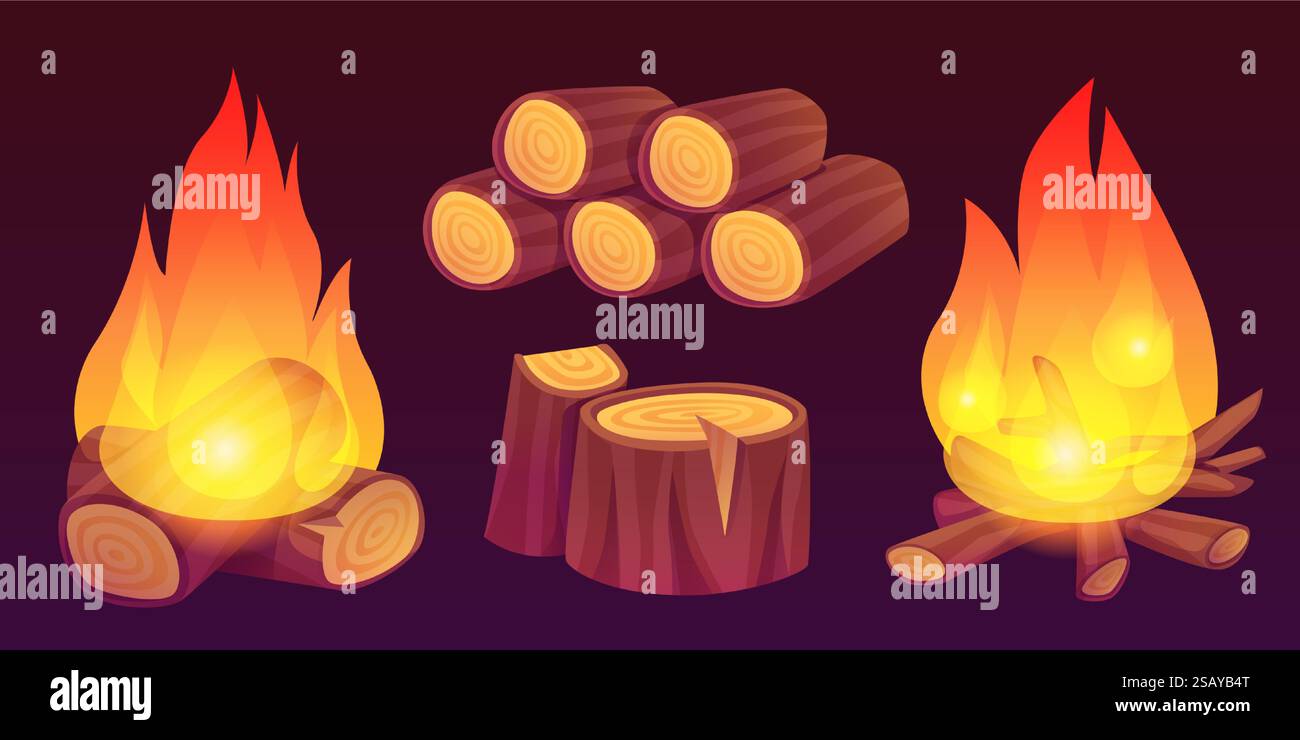 Firewood piles and fire set isolated on background. Vector cartoon ...