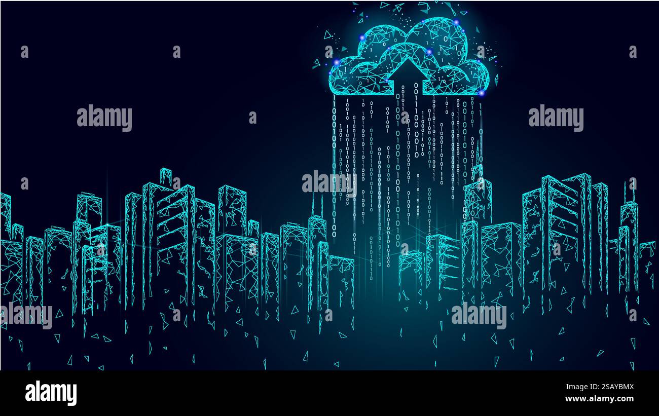 Cloud computing city skyline. Data rain digital city. Technology business solutions. Low poly ...