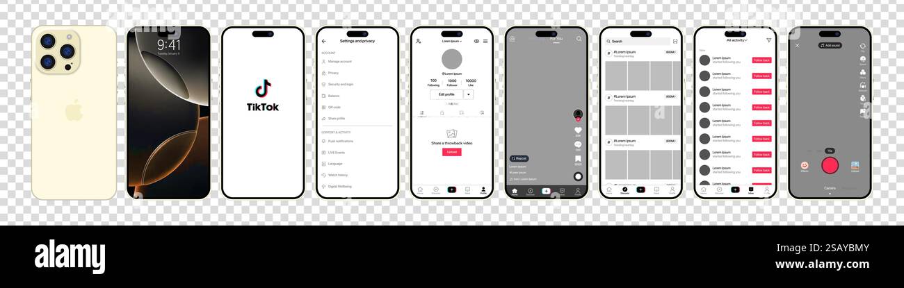 Tik Tok design in Iphone 16 pro. Set Tik Tok screen social media and ...
