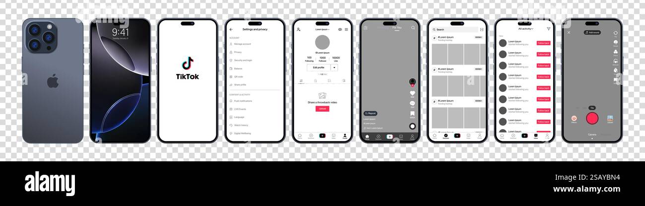 Tik Tok design in Iphone 16 pro. Set Tik Tok screen social media and ...