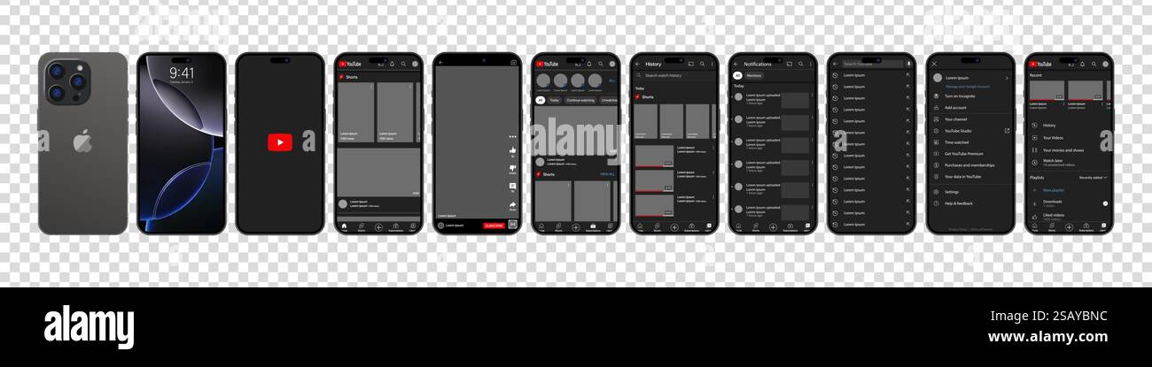 Youtube design in Iphone 16 pro. Set Youtube screen social media and social network interface ...
