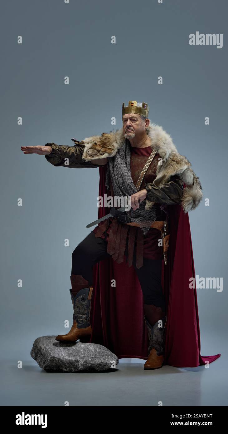 Commanding medieval king on rock, pointing forward with authority ...