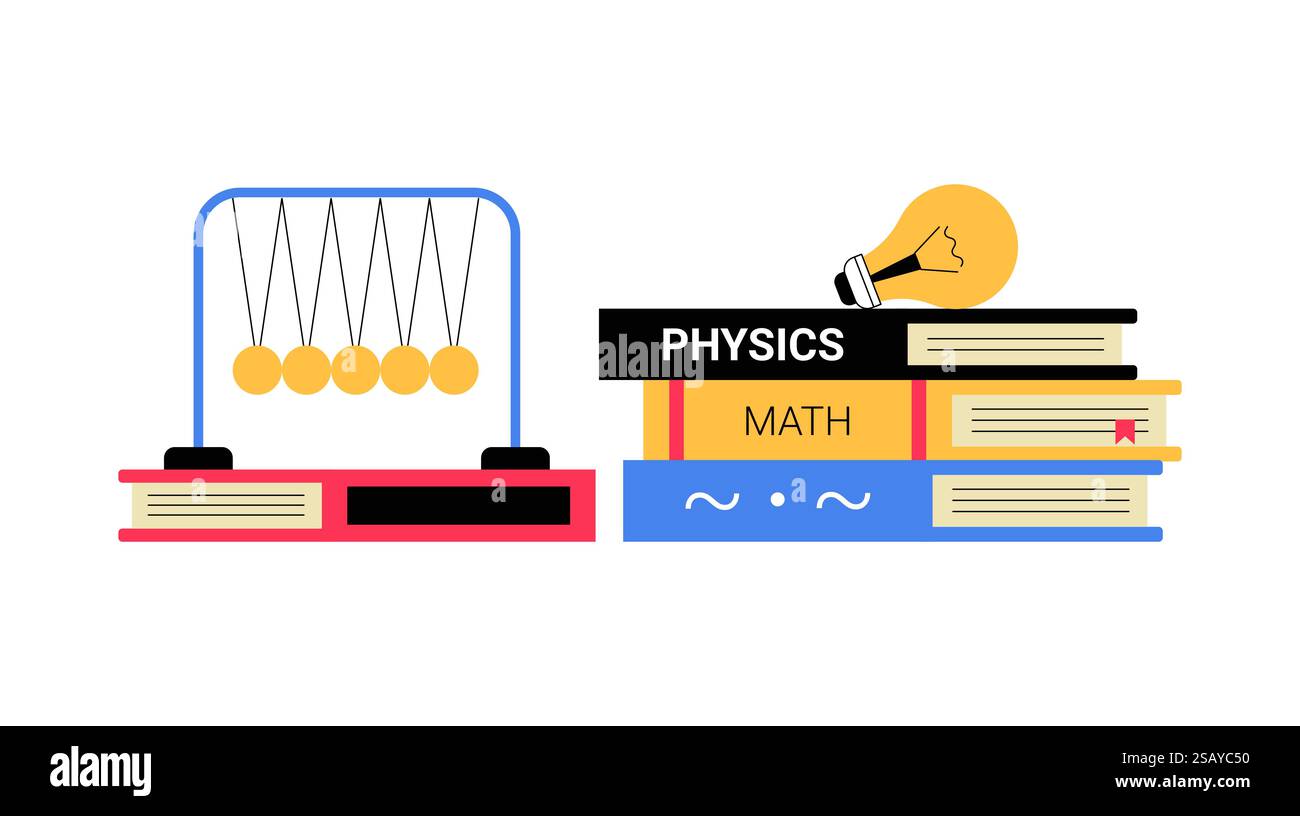 Physics And Math Books With Newtons Cradle In Flat Vector Illustration ...
