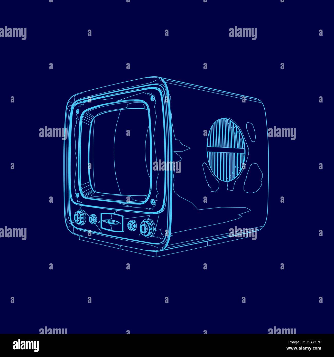 Blue drawing of a television with a speaker. The television is turned ...