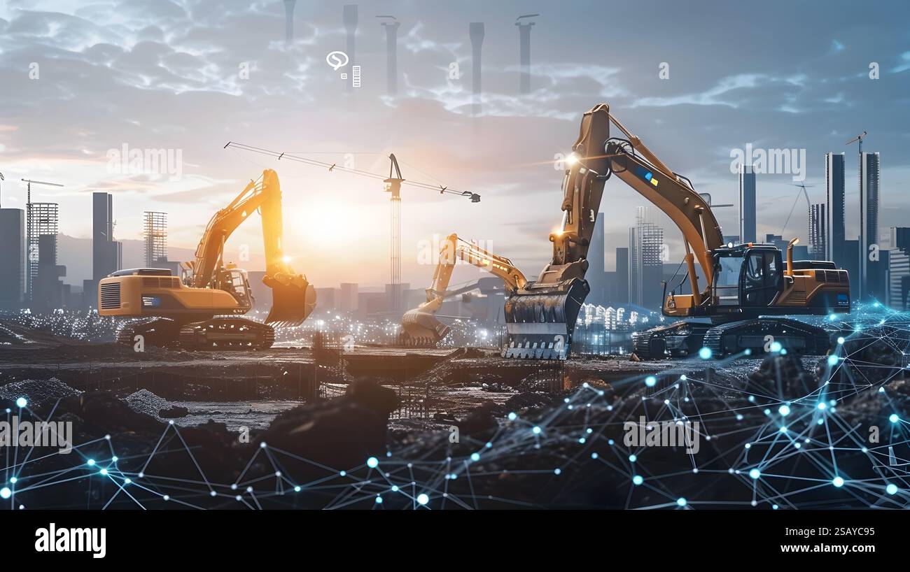 This image depicts a large-scale construction site in a futuristic ...