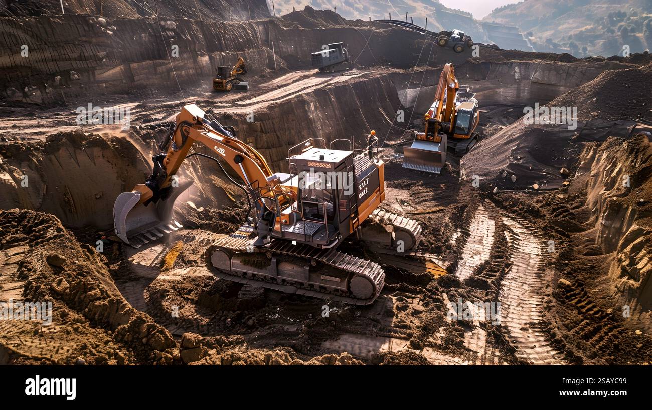 The image depicts a large-scale construction site filled with ...