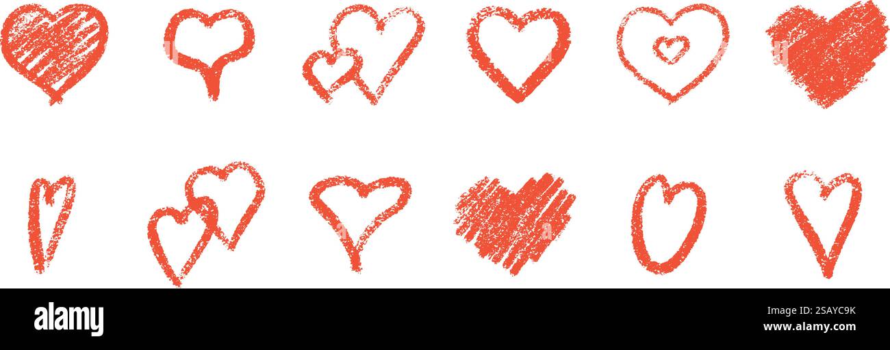 Heart collection of red crayon sketches - rough textured shapes with ...