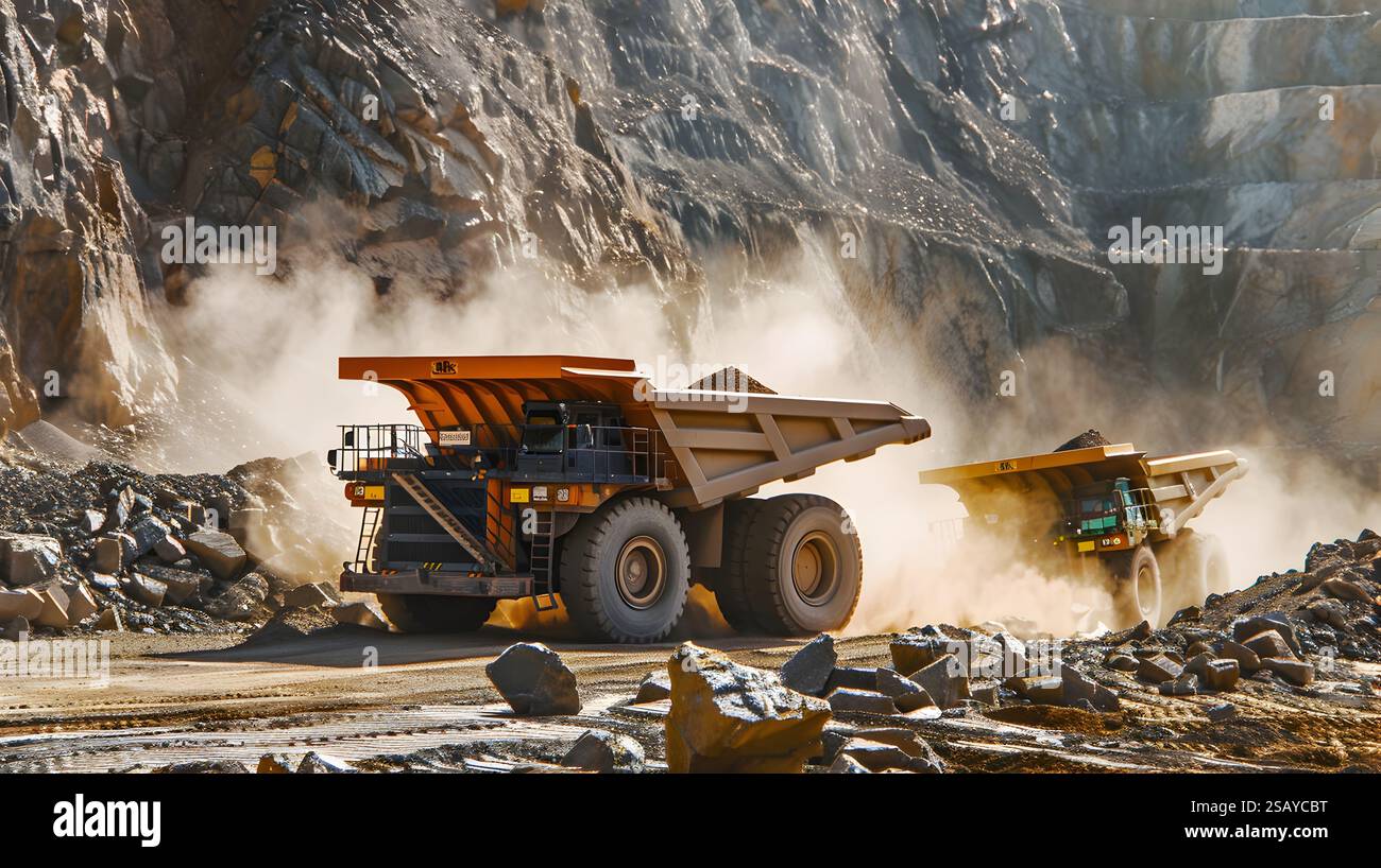 A large-scale quarry featuring autonomous dump trucks and loaders ...