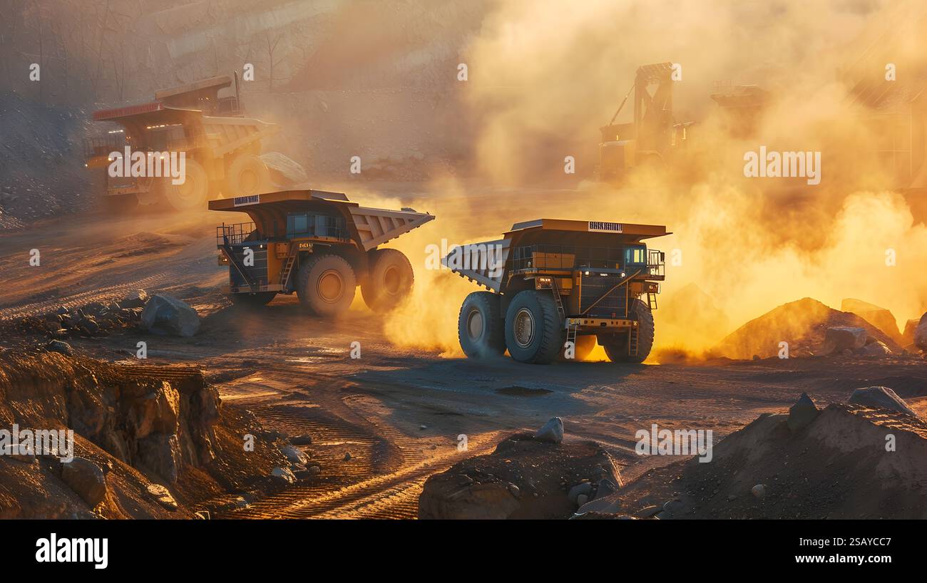 This image depicts a dynamic scene of autonomous mining equipment in action at an open-pit ...