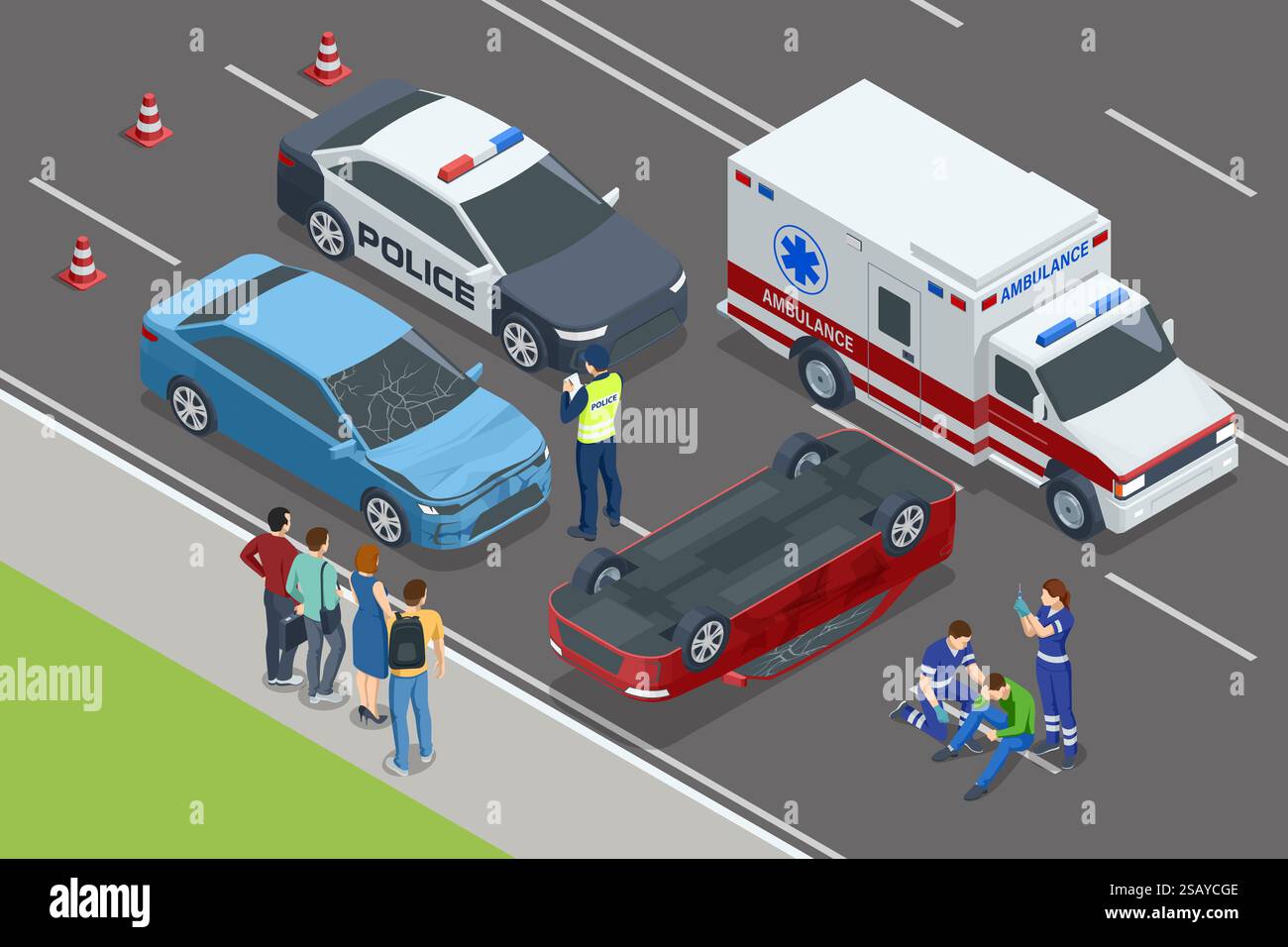 Car crash. Isometric vector showing a car flipped over near on road ...