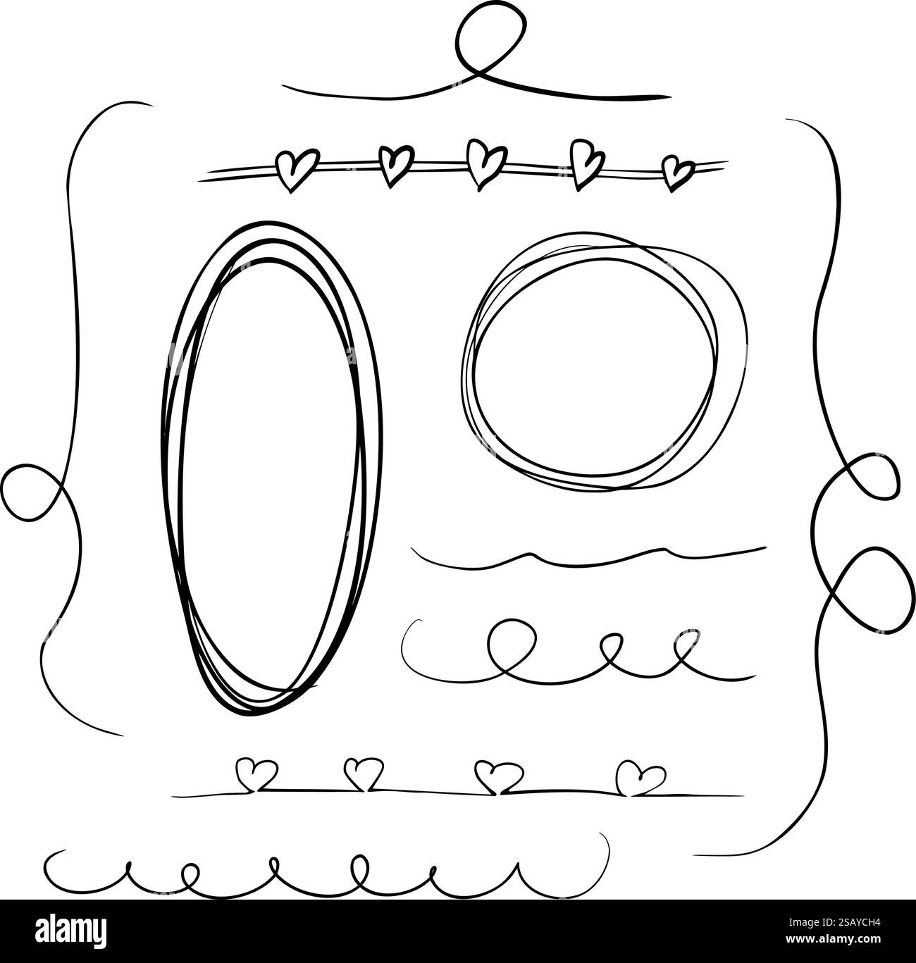 Hand drawn set of scribble lines, frames elements, circles, ovals ...