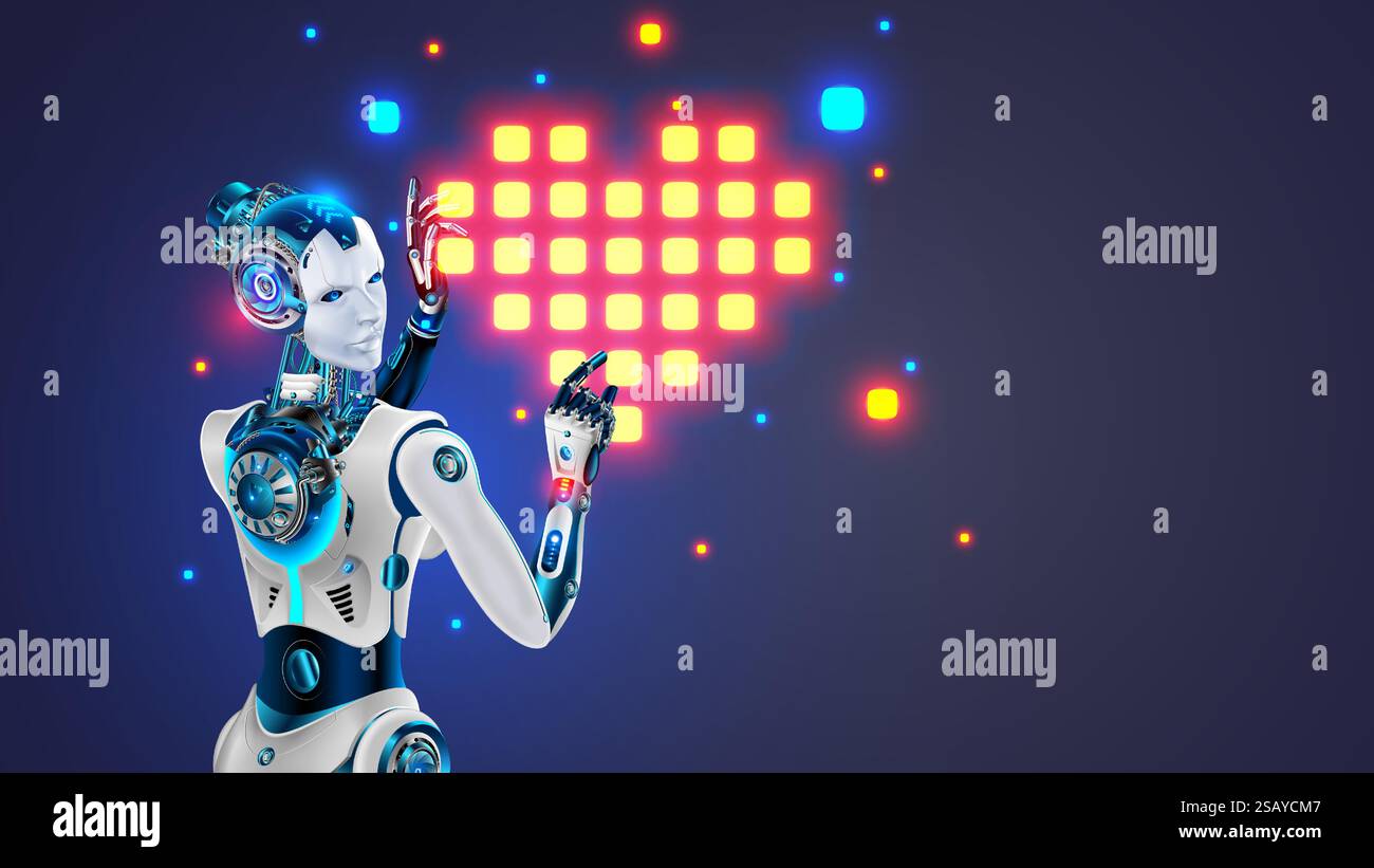 AI robot woman hold love heart in hands. Banner for Valentine day of AI technology. Neural ...