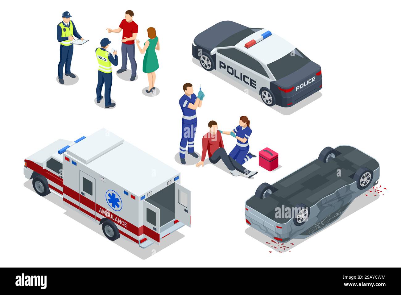 Isometric Car crash. A flipped car, a police car, ambulance, and ...