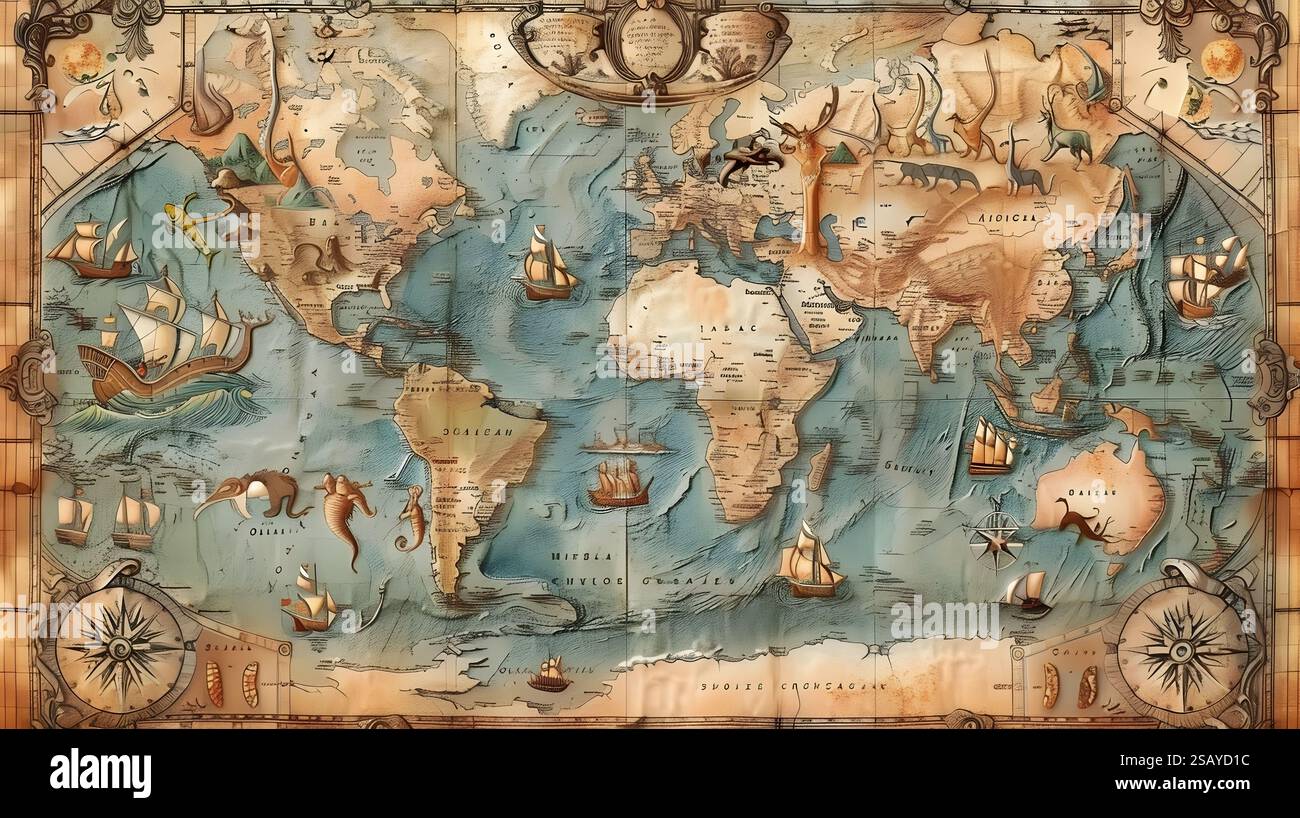 This intricate,vintage-style world map on aged parchment paper evokes ...