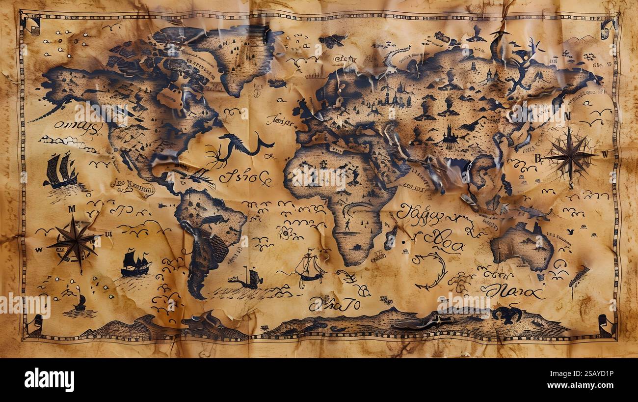 This intricately detailed vintage-style world map on aged parchment ...