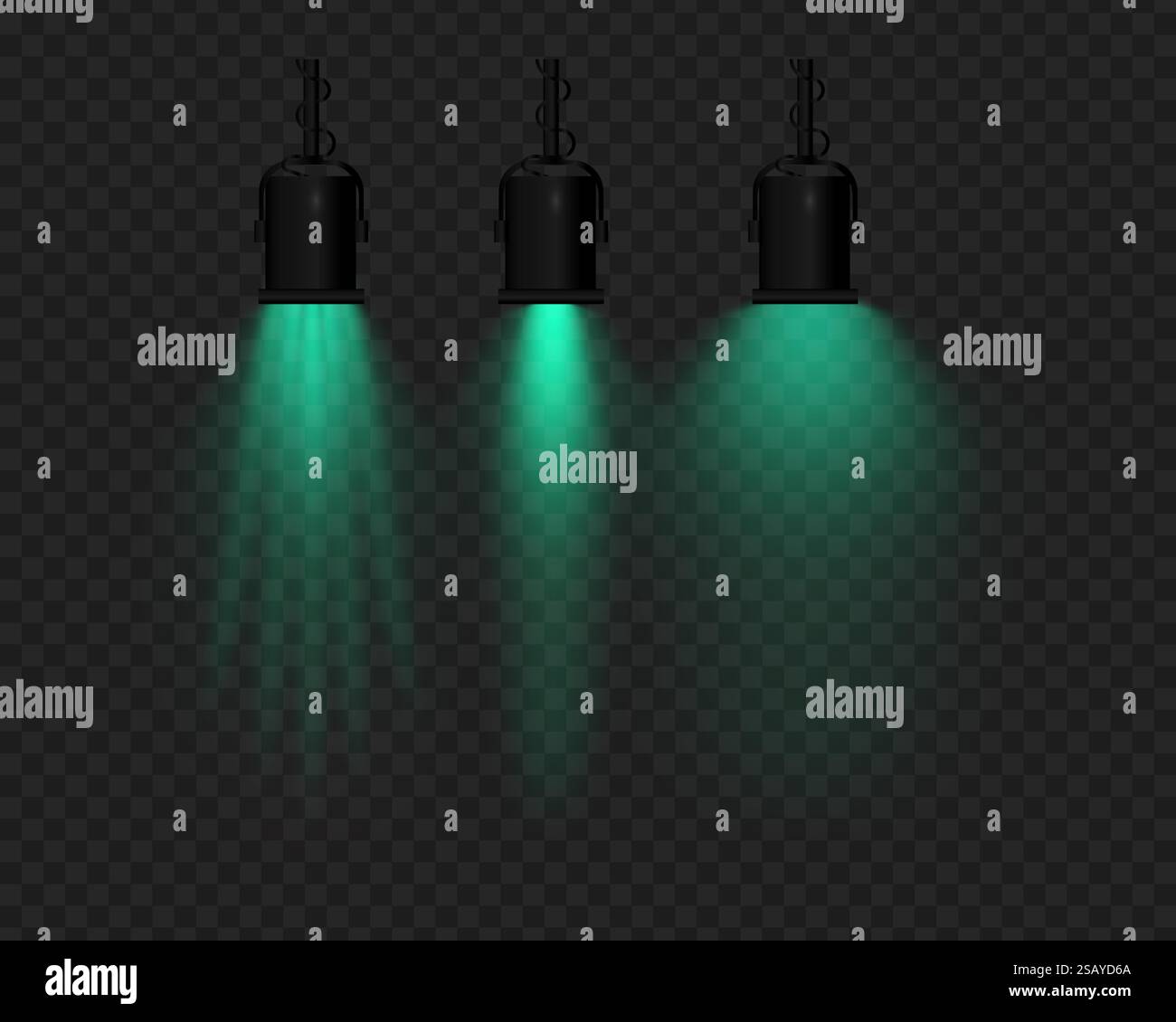 Realistic vector hanging lamps with green light on a transparent ...