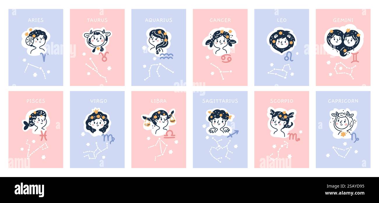 Kids zodiac signs cards. Astrological banners. Children faces. Cute ...