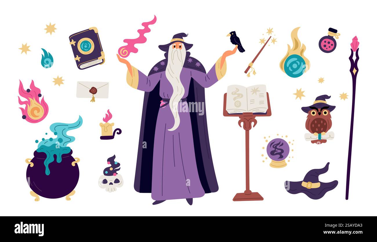 Cartoon magician character with magical tools. Wizard holding staff ...