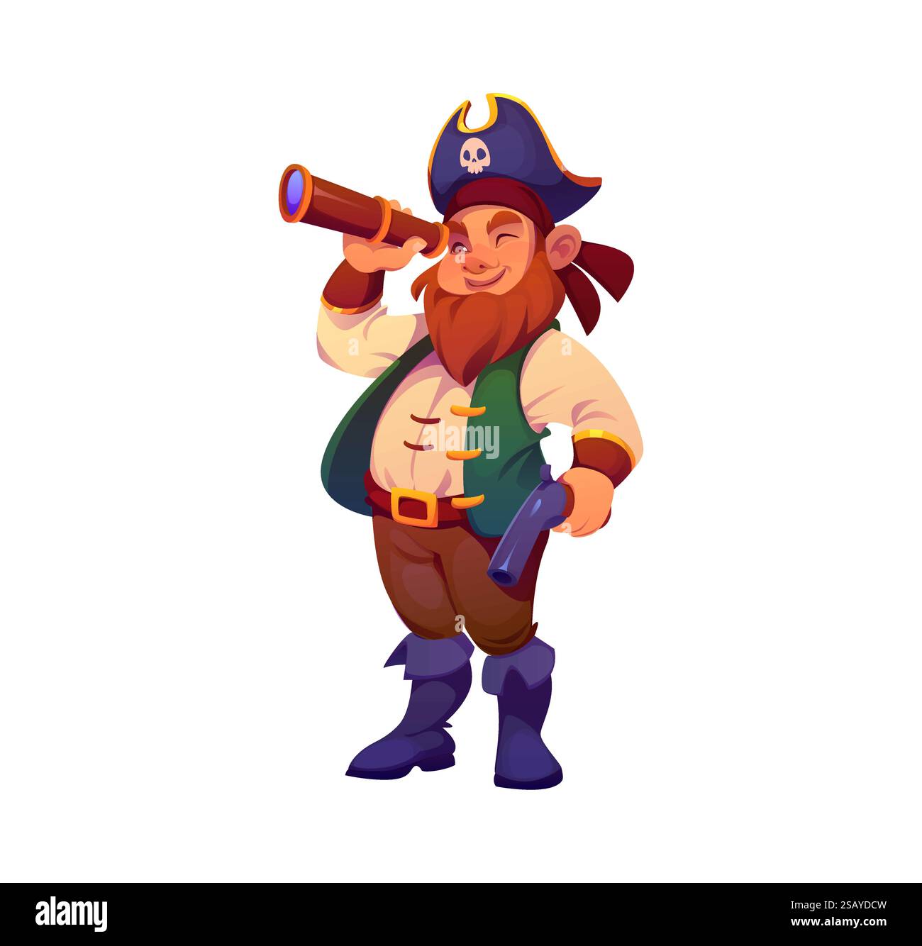 Cartoon sea pirate sailor and corsair captain character peers intently through a spyglass ...