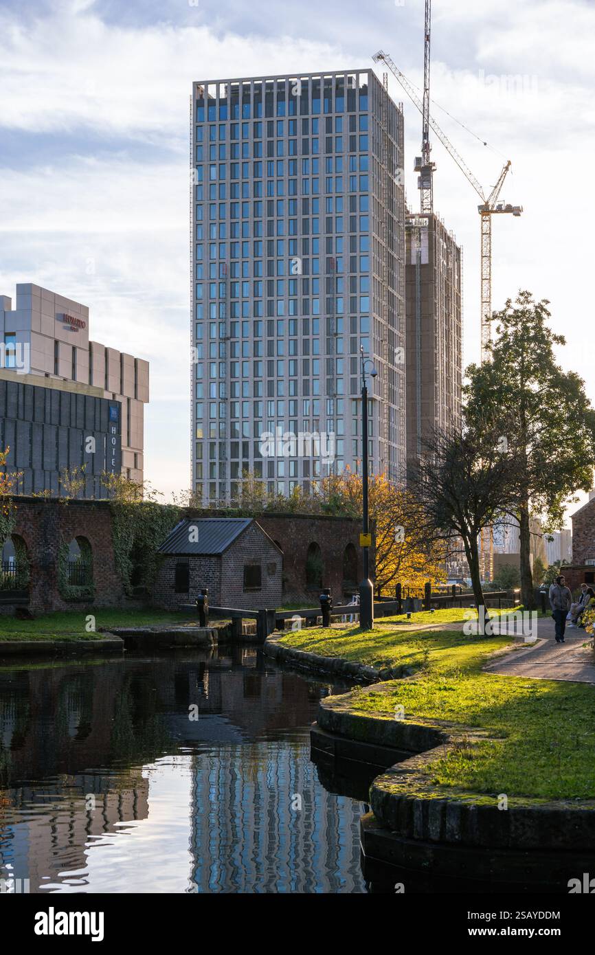 View of modern city buildings in the New Islington Marina, a famous ...