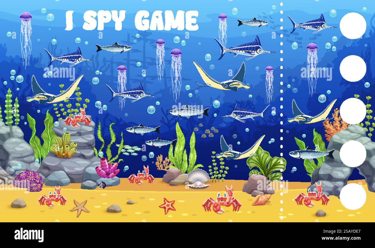 I spy game kids game worksheet with funny sea underwater animals ...