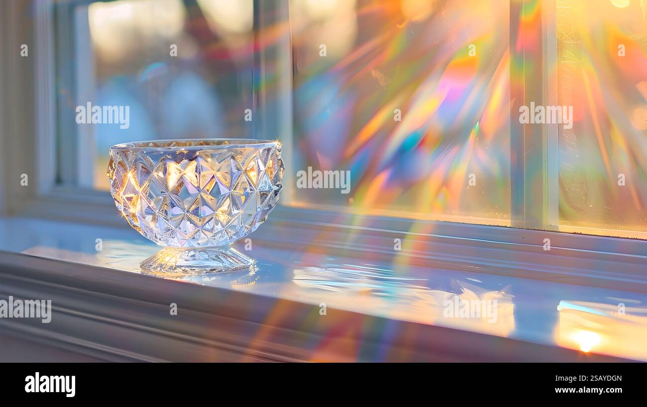 A delicate crystal trophy or vase sits on a window sill,catching the ...