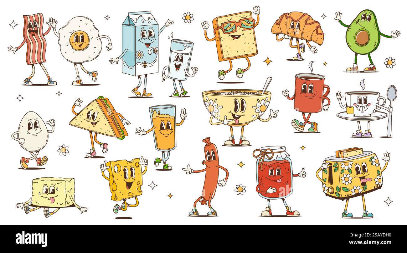 Retro cartoon groovy breakfast characters. Funny psychedelic drink and ...