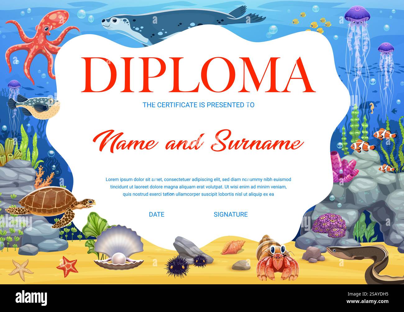 Kids diploma with funny cartoon underwater animals and fishes, vector ...