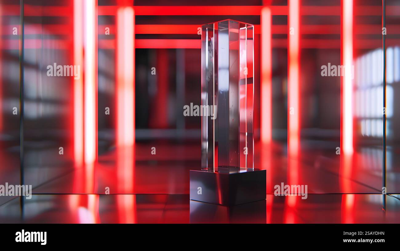 A modern,sculptural glass trophy stands against a high-tech,reflective ...