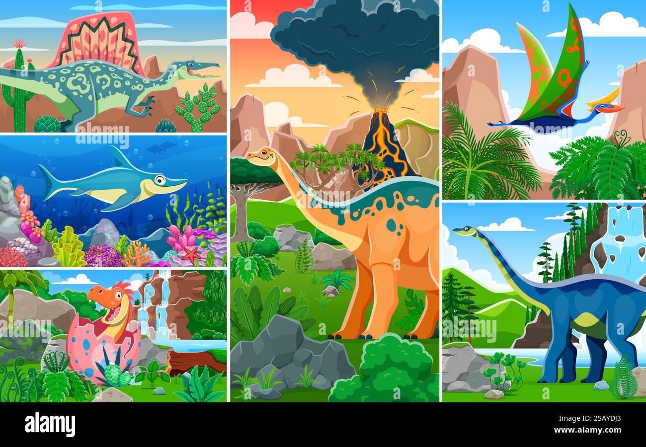 Prehistoric dinosaur characters collage with volcano and waterfall ...