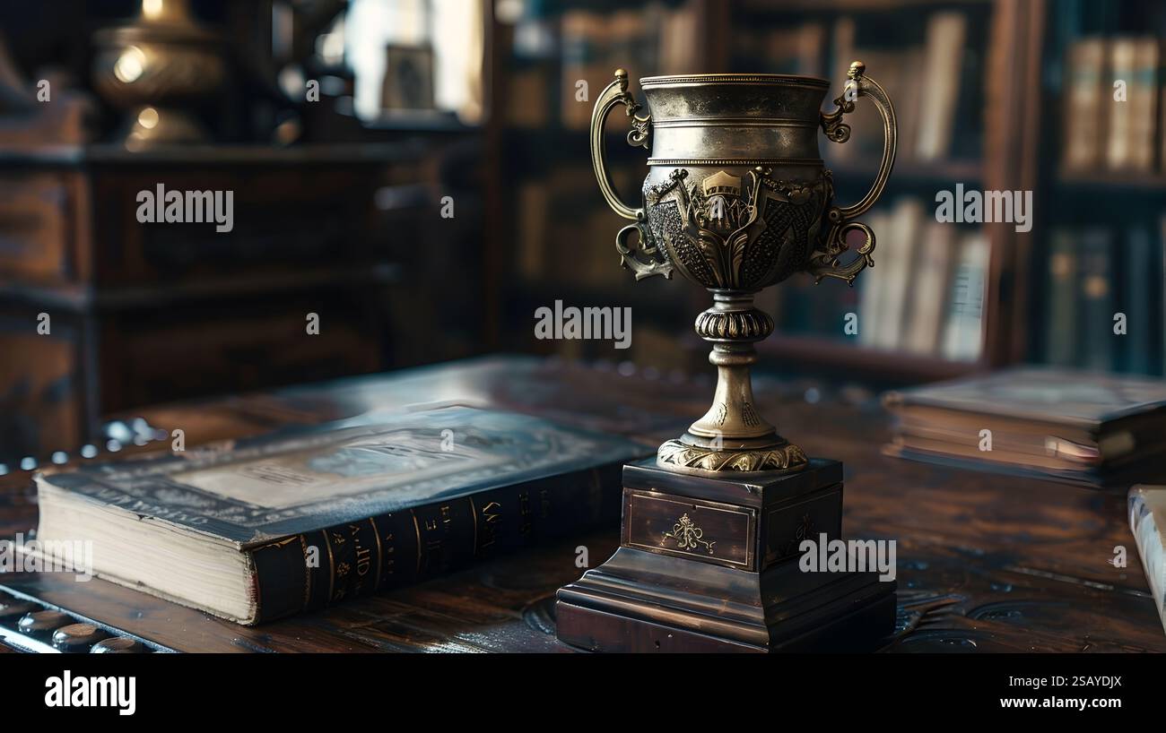 This image depicts a beautifully crafted bronze trophy placed on a ...