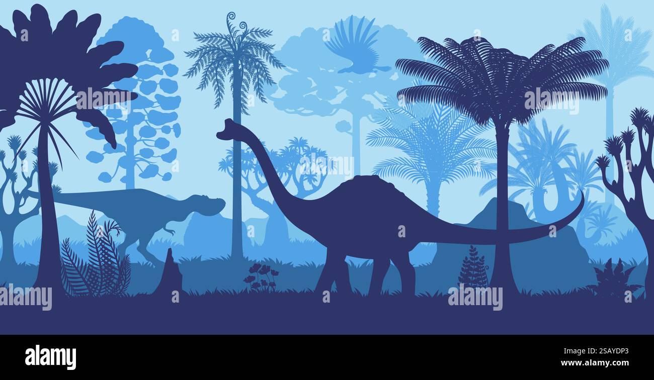 Prehistoric dinosaurs silhouettes in tropical jungle forest with plants ...