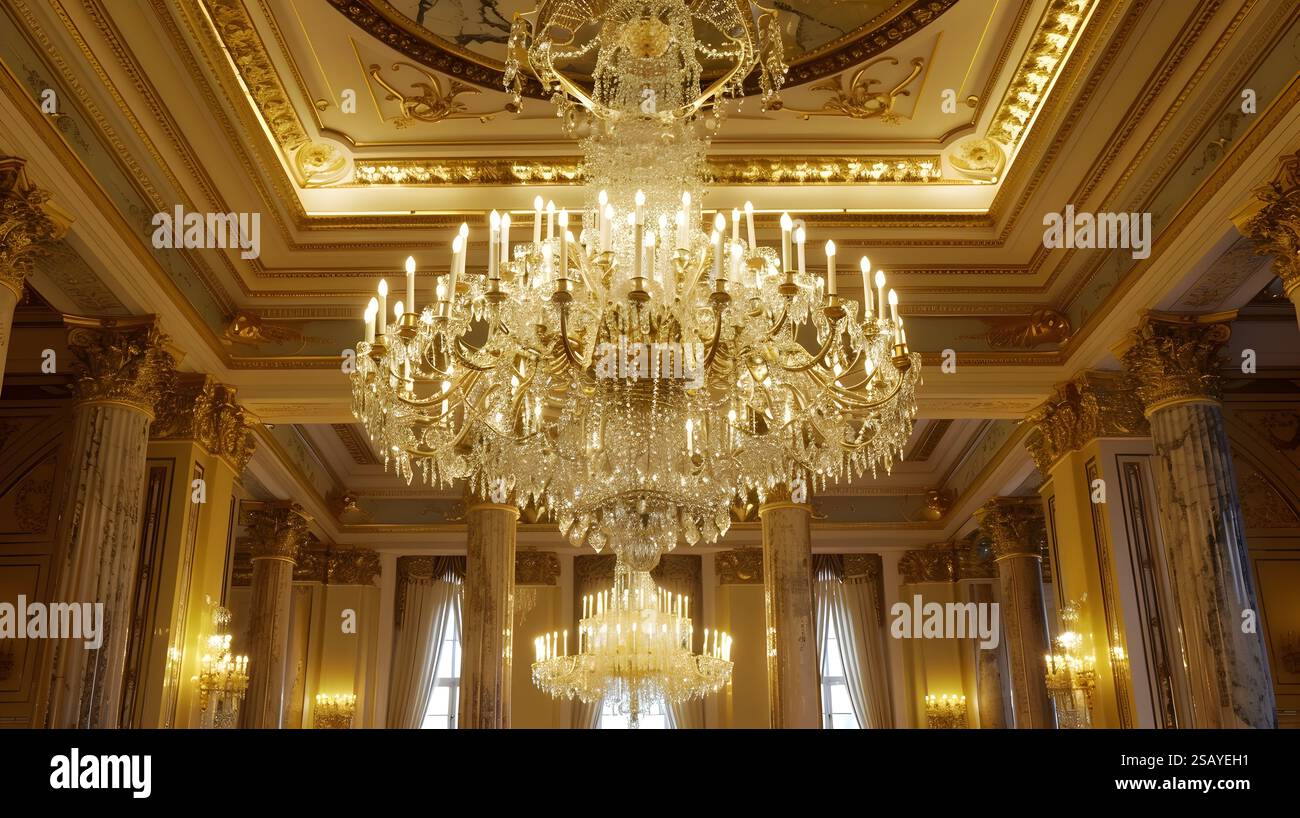 A breathtaking chandelier with intricate crystal detailing hangs from ...